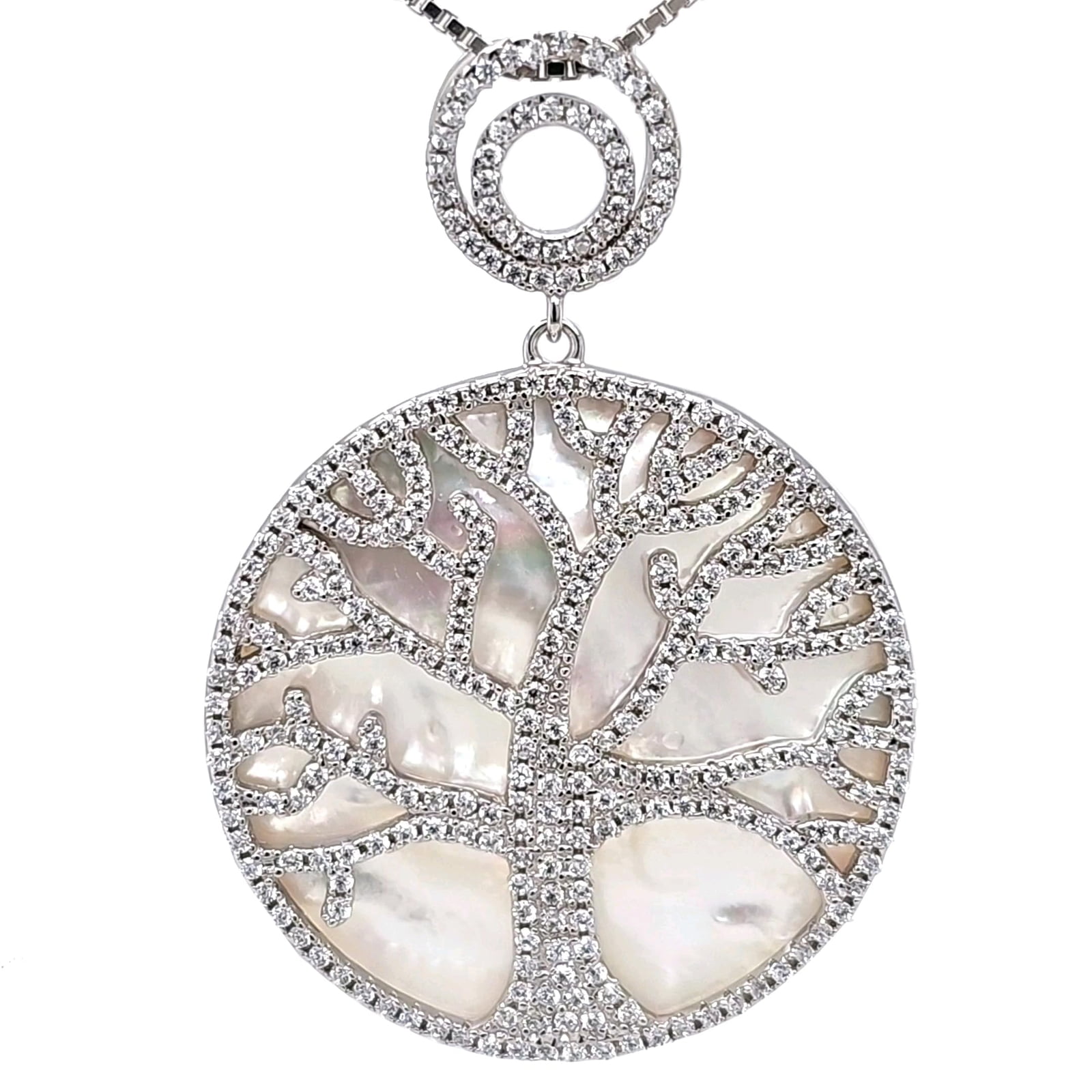 Sterling Silver CZ & Mother of Pearl Tree of Life Pendant Necklace (LG ...