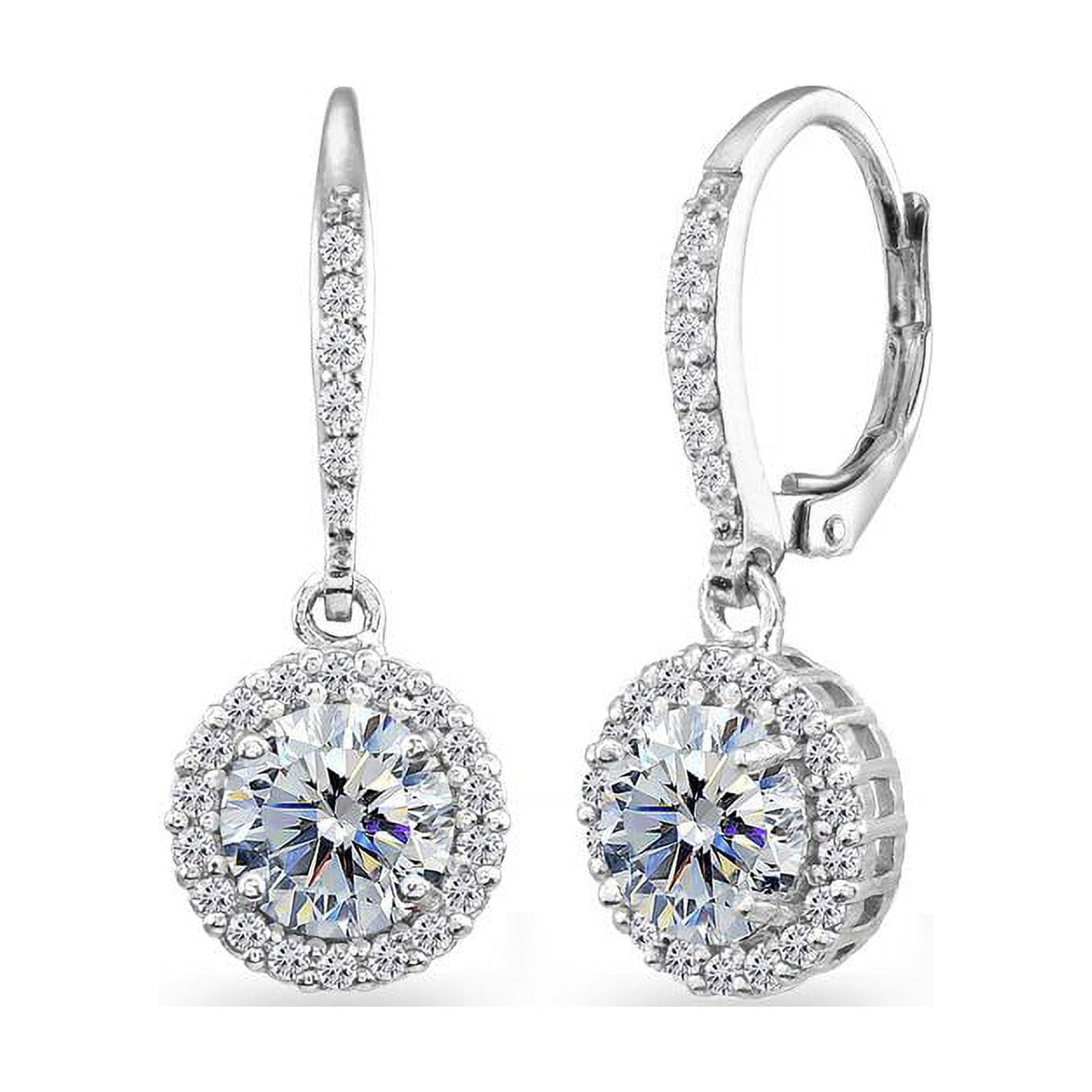 Sterling Silver Clear Round Halo Dangle Leverback Earrings Made with ...