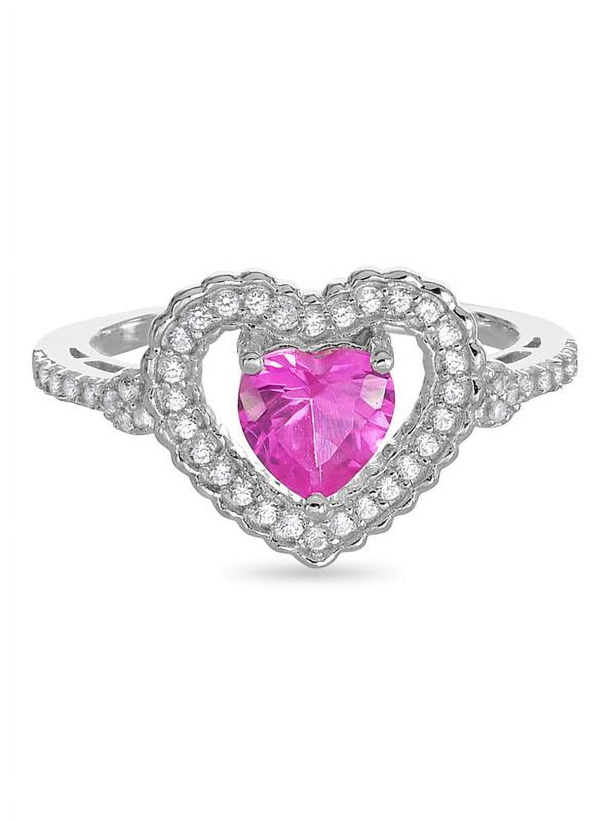 Sterling Silver Created Pink Sapphire Crt White Sapphire Heart Ring 5 ...