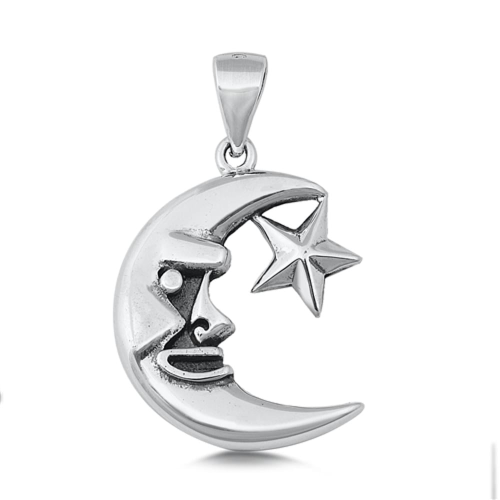 Sterling Silver Crescent Moon Pendant Face Star Night Sky Charm 925 New ...