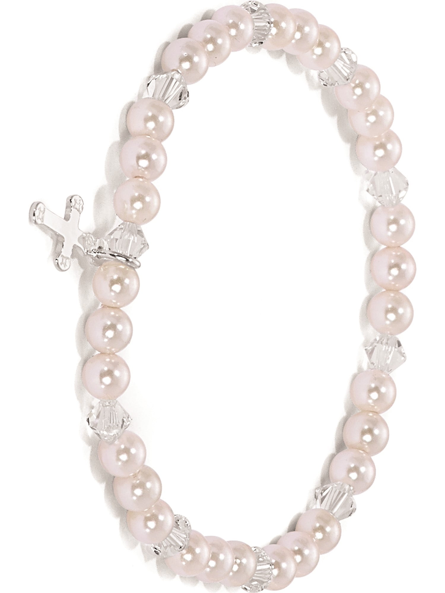 Sterling Silver Cross Pink Shell Bead & Crystal Stretch Bracelet w ...