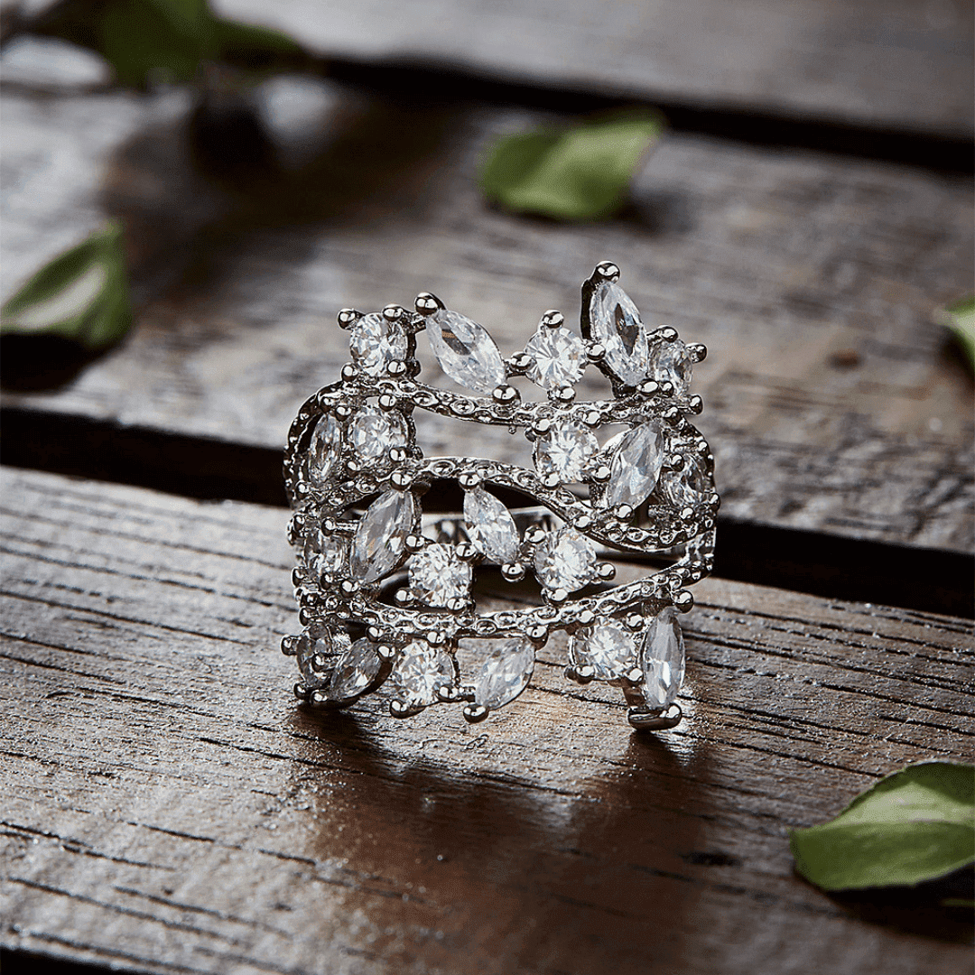 14K White Gold Crystal Leaf Ring Made with crystals