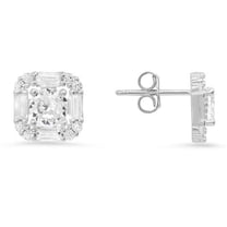 Sterling Silver Asscher-Cut Halo Cubic Zirconia Leverback Earrings ...