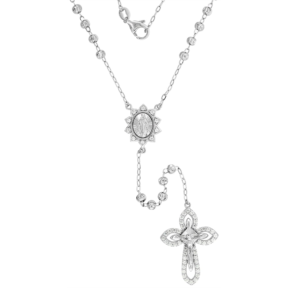 Sterling Silver Cubic Zirconia Rosary Necklace Everlasting Cross ...