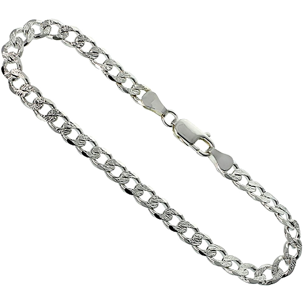 Sterling Silver Curb Cuban Link Chain Necklace 5.5mm Pave Cut Beveled ...