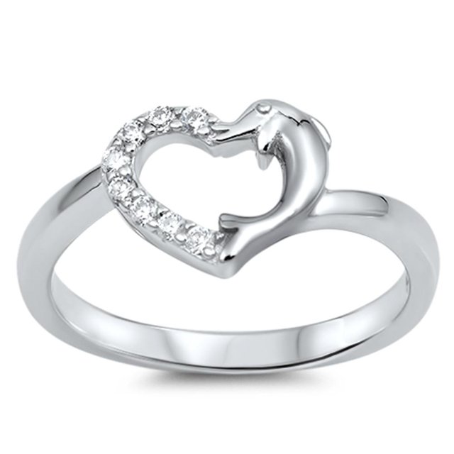 Sterling Silver Dolphin Heart White CZ Ring Promise 925 Band USA 9mm ...