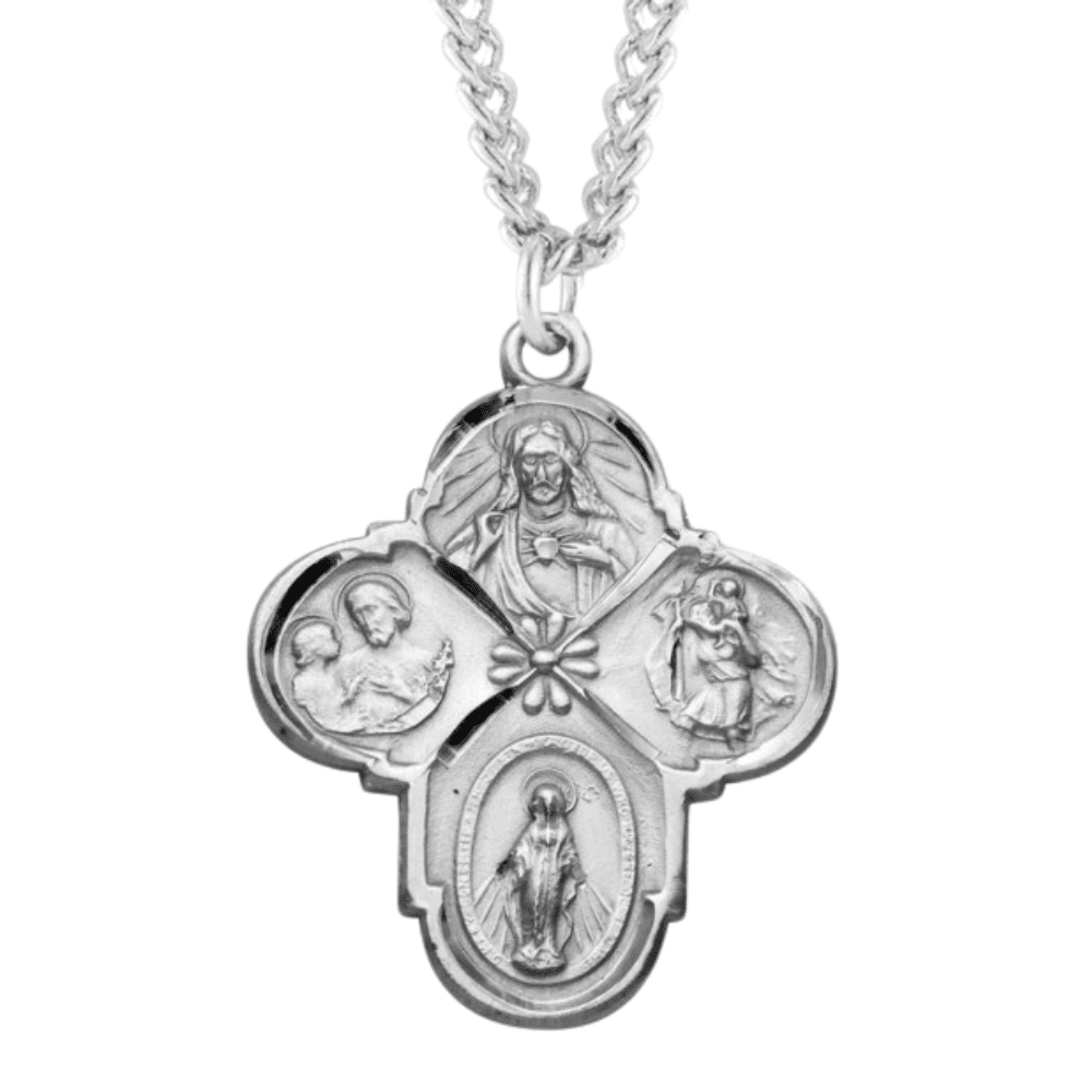 Sterling Silver Fancy 4-Way Medal with Flower Center, 24" Gold Plated ...