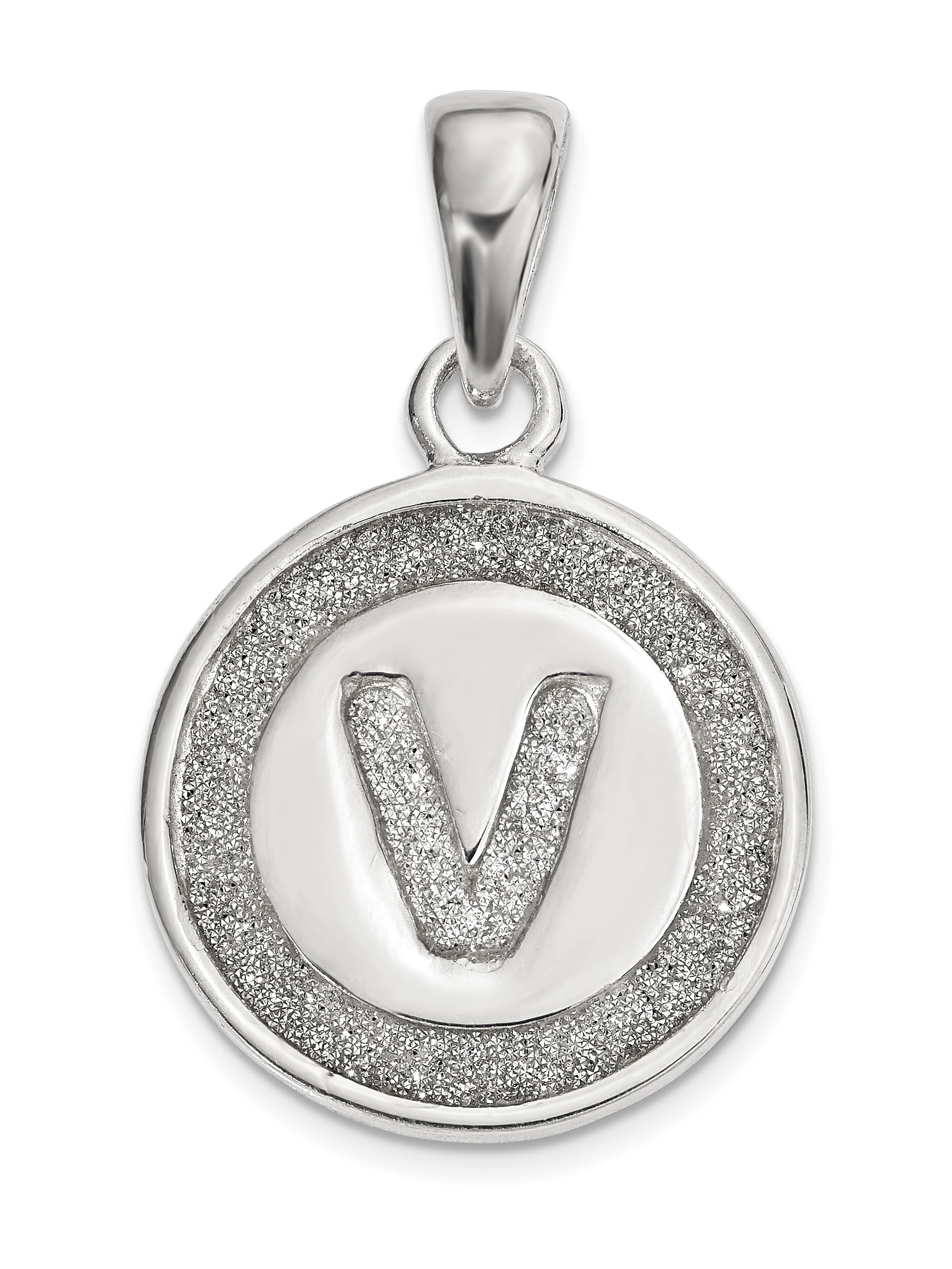 Sterling Silver Glitter Enamel Letter V Initial Circle Pendant (22 X 13 ...