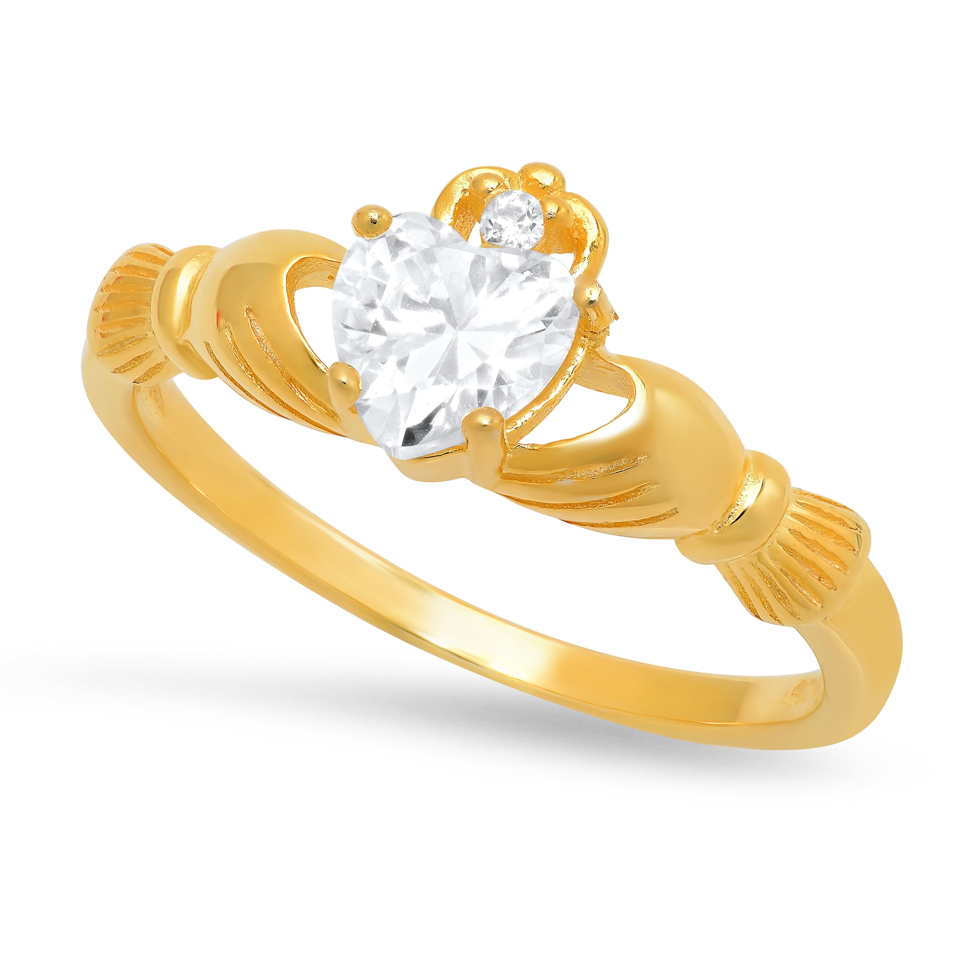 Sterling Silver Gold Plated Claddagh April Birthstone CZ Promise Ring 8 ...