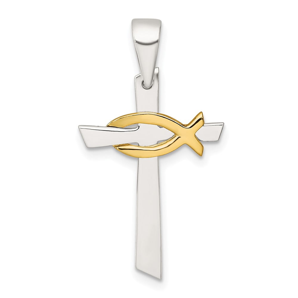 Sterling Silver Gold-Tone Cross With Ichthus Fish Pendant - Walmart.com