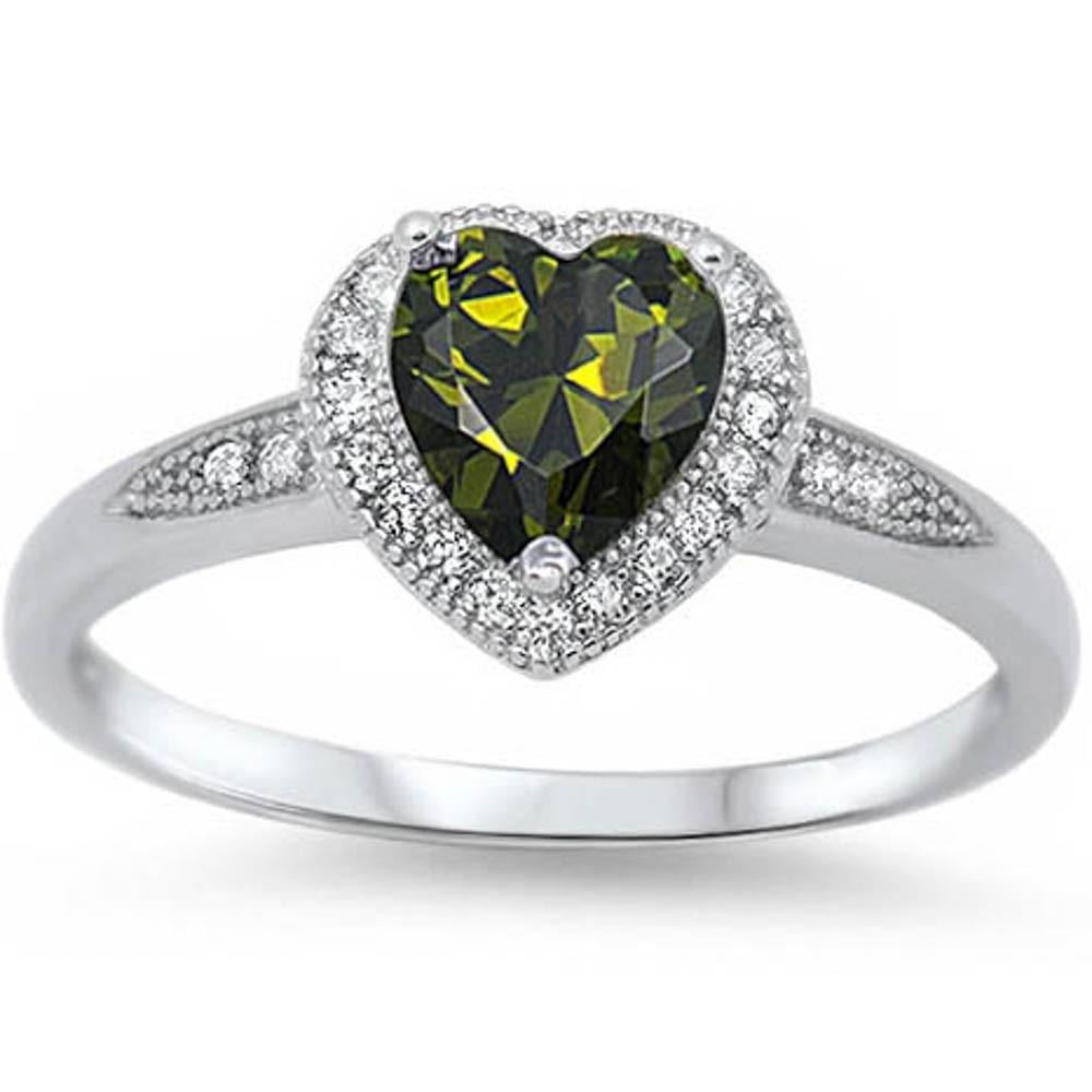 Sterling Silver Halo Set Synthetic Peridot CZ Heart Ring Size 4 ...