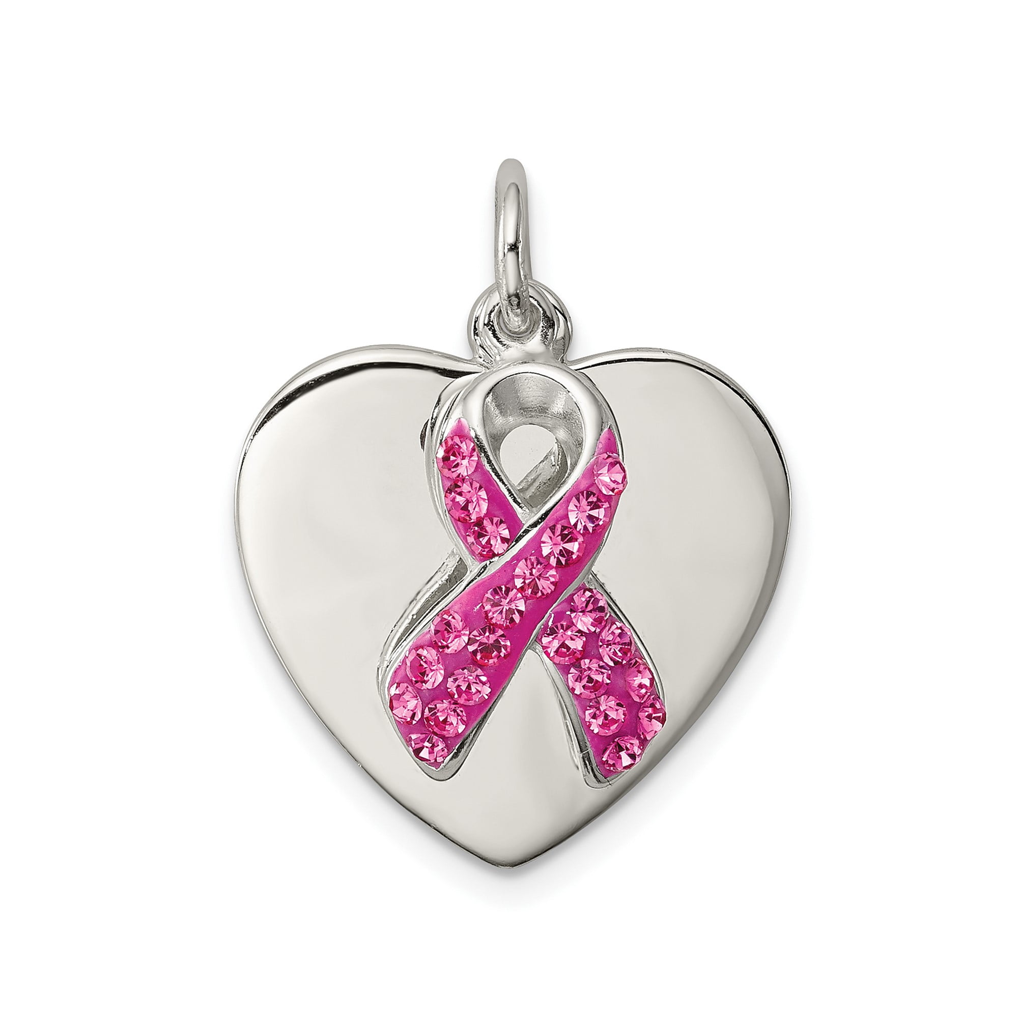 Sterling Silver Heart Pendant Charm with Pink Crystal Ribbon, Breast ...