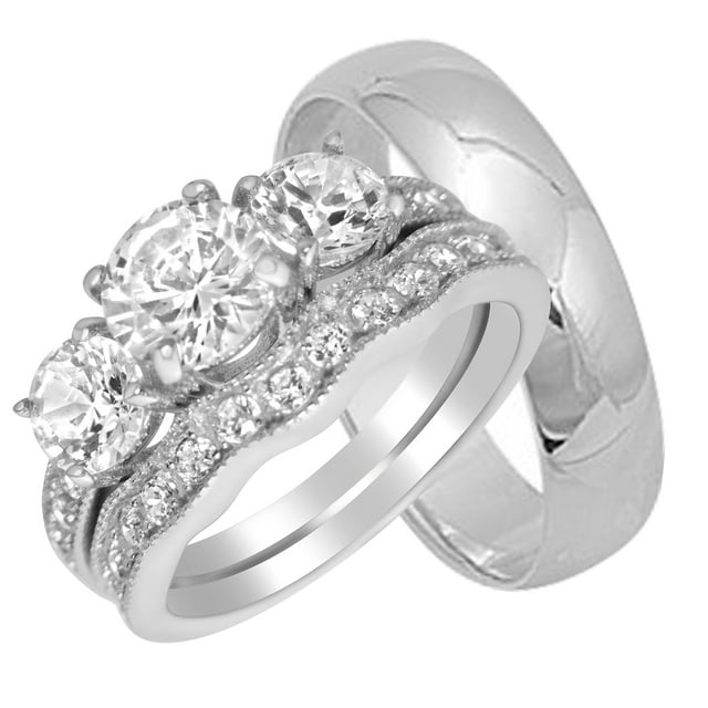 Sterling Silver His Her Couples Wedding Ring Set Trio Matching Rings