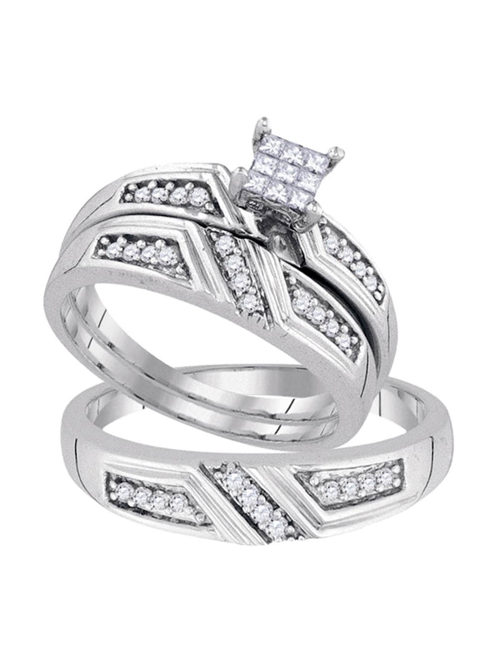 Sterling Silver His Hers Princess Diamond Cluster Matching Wedding Set ...