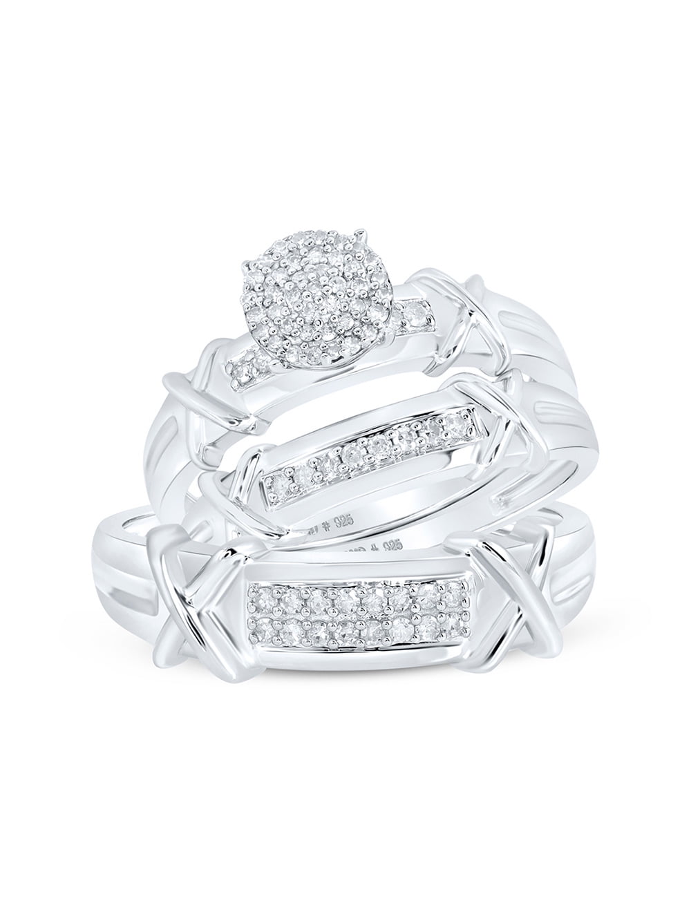 Sterling Silver His Hers Round Diamond Cluster Matching Wedding Set 1/3 ...