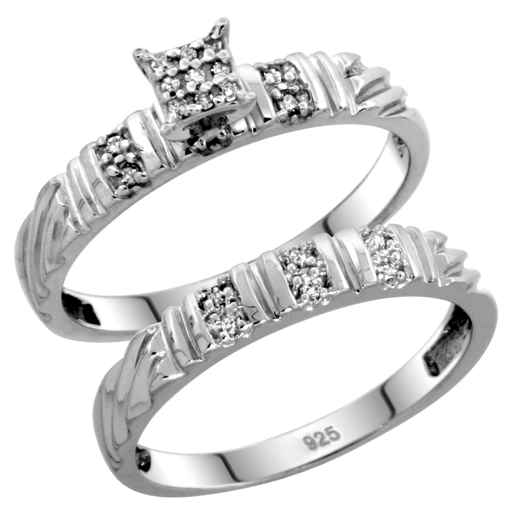 Sterling Silver Ladies’ 2-Piece Diamond Engagement Wedding Ring Set ...
