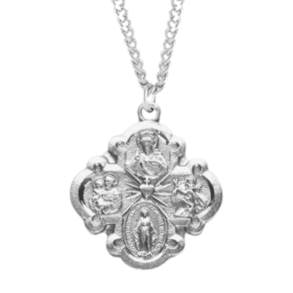 Sterling Silver Large Fancy 4-Way Medal, 24" Rhodium Plated Stainless ...