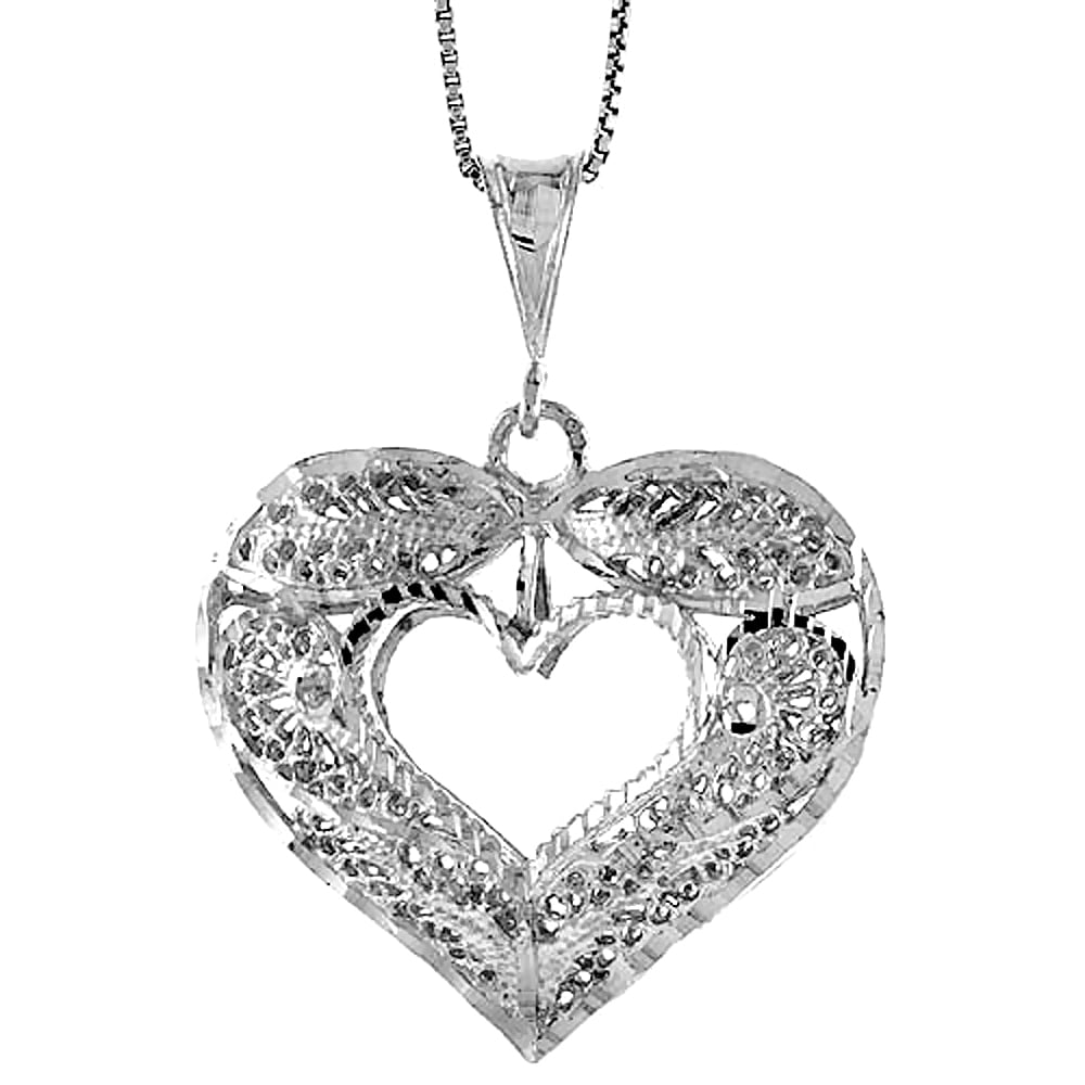 Sterling Silver Large Filigree Cut-out Heart Pendant, 1 3/8 inch Tall ...