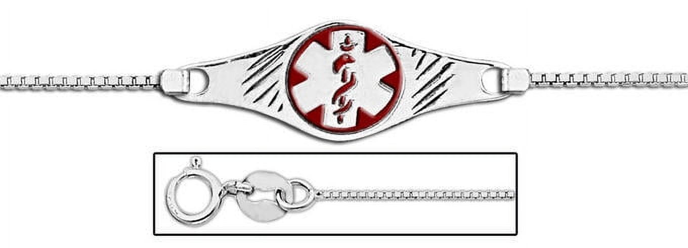 Sterling Silver Medical ID Ankle Bracelet W Box Chain W Red Enamel 7 Inch