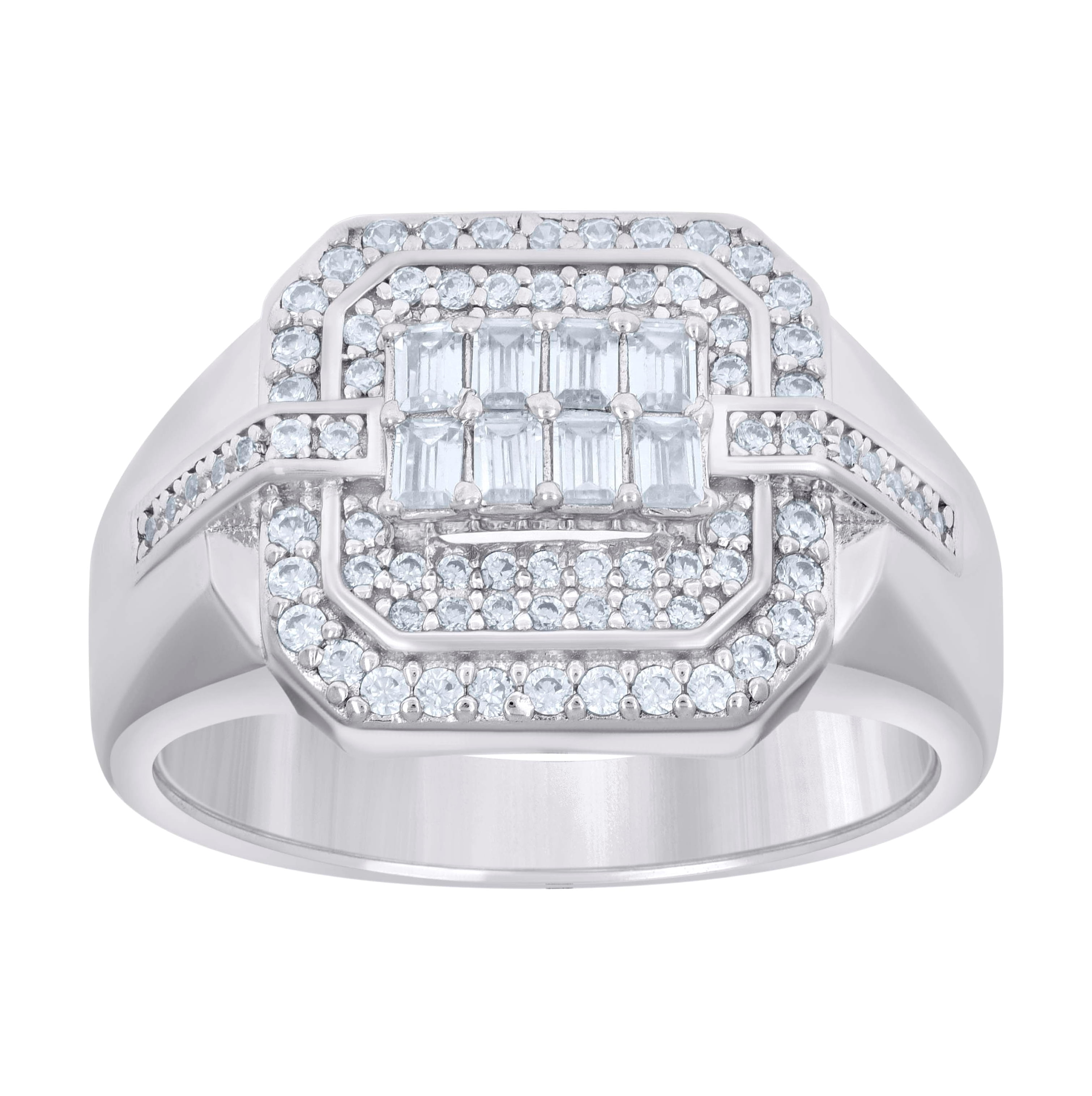 Sterling Silver Men's Baguette Round Cubic-Zirconia Octagon Head ...