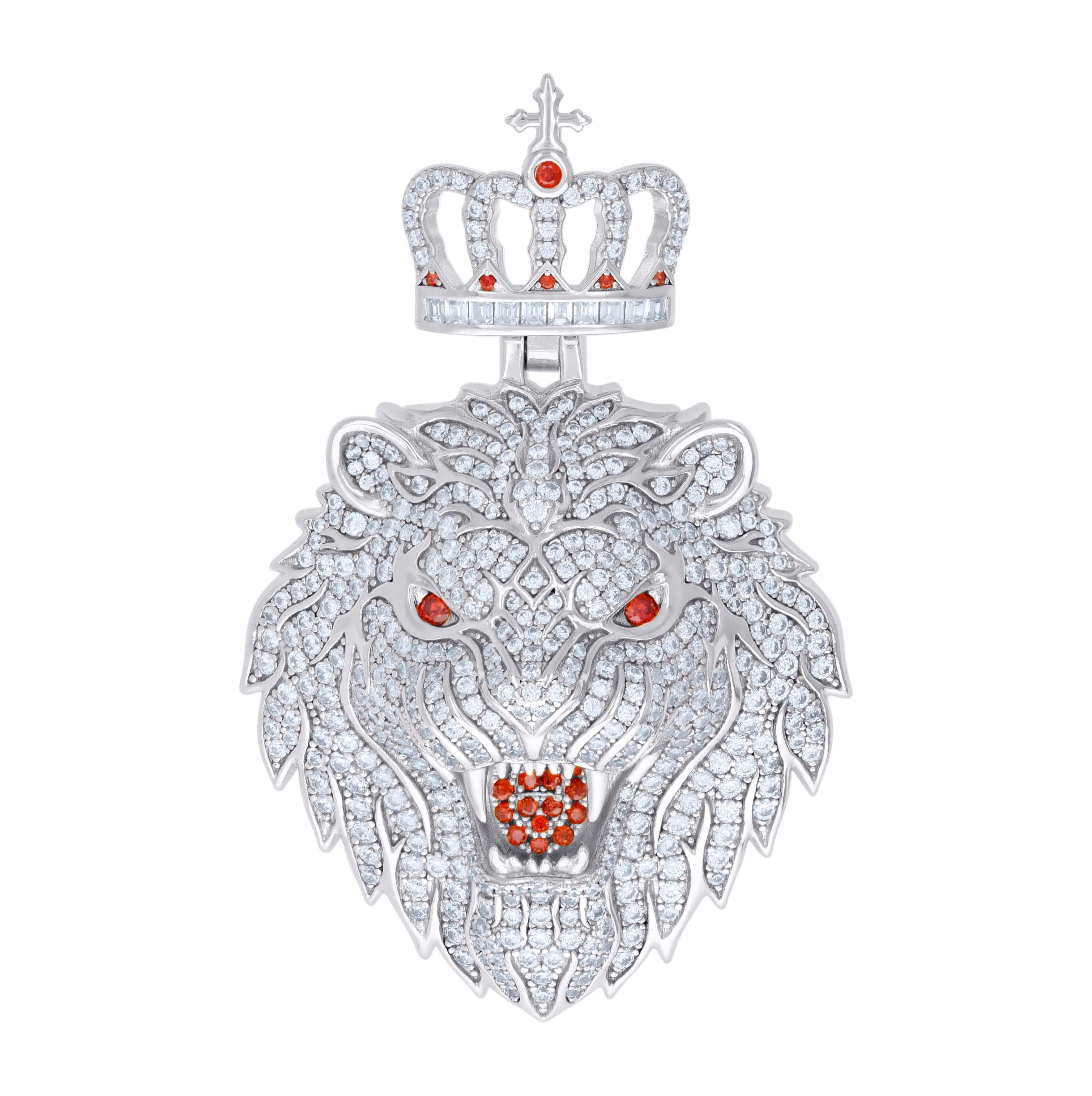 Sterling Silver Mens White Red Cubic-Zirconia King Lion Animal Wildlife ...