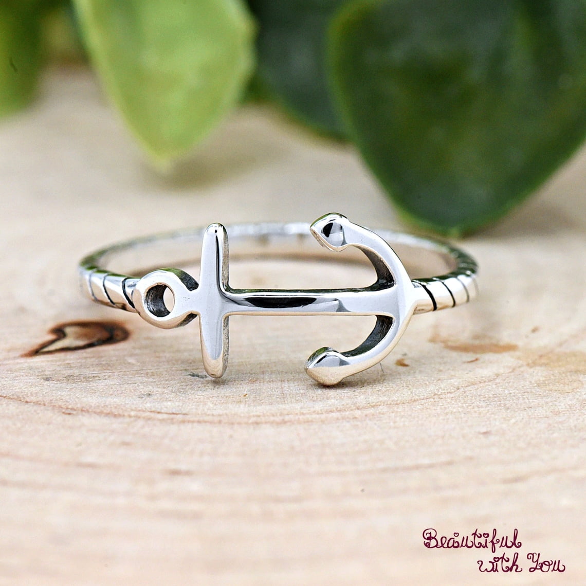 Sterling Silver Minimalist Sideways Anchor Ring, Ship Anchor Rope Band Ring, Womens Anchors ...