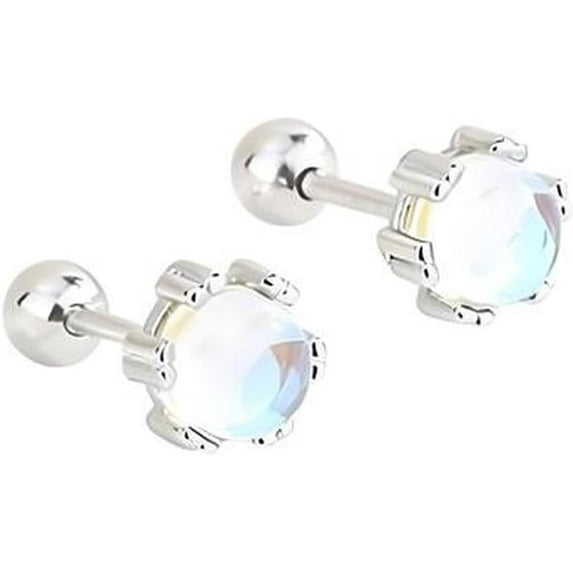 Sterling Silver Moonstone Barbell Stud Earrings, Iridescent Crystal ...