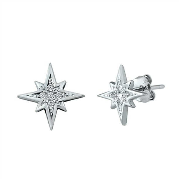 Sterling Silver Northern Star Bright Twinkle Vintage Style Sky Earrings Clear CZ 925 Female