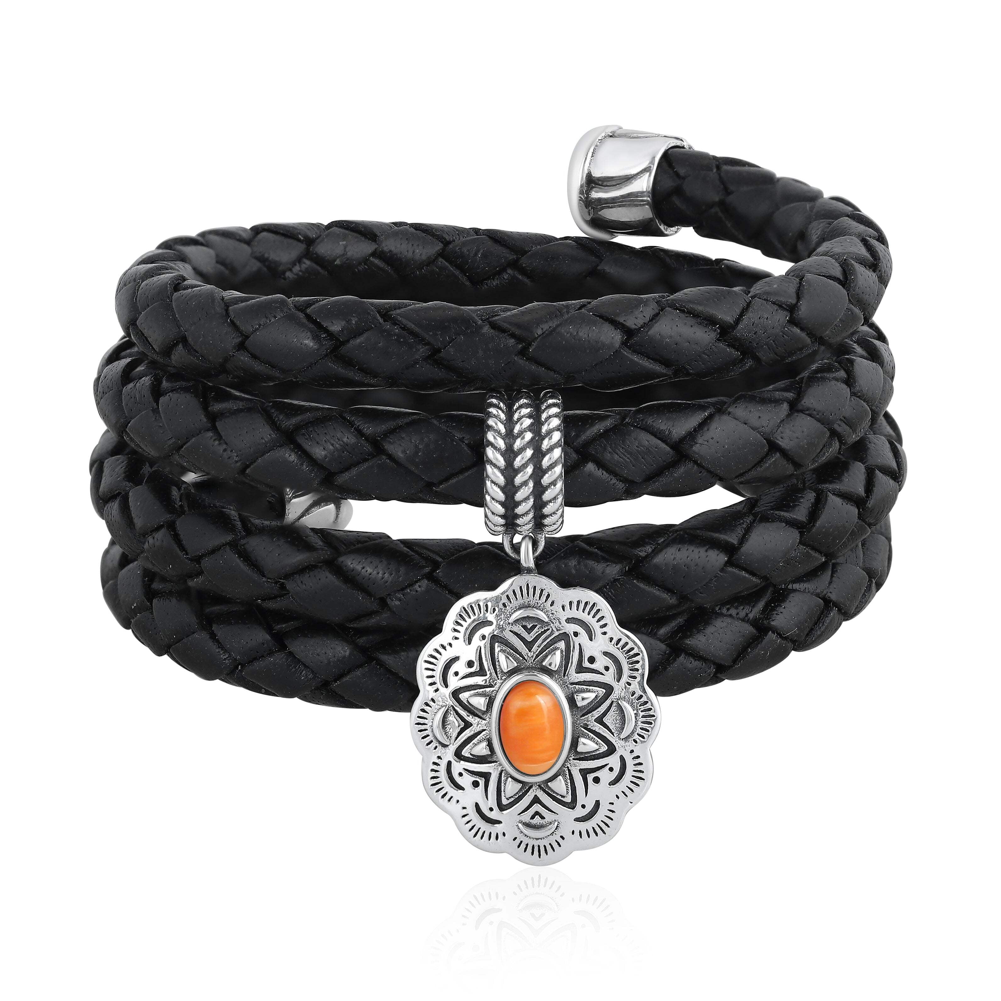 Sterling Silver Orange Spiny Oyster Concha Braided Leather Wrap ...