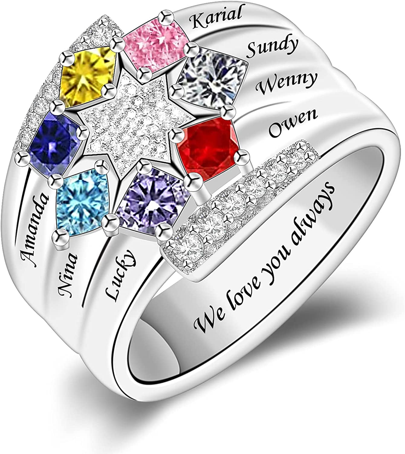 Sterling Silver Personalized Mothers Ring with 1/2/3/4/5/6/7/8/9 ...