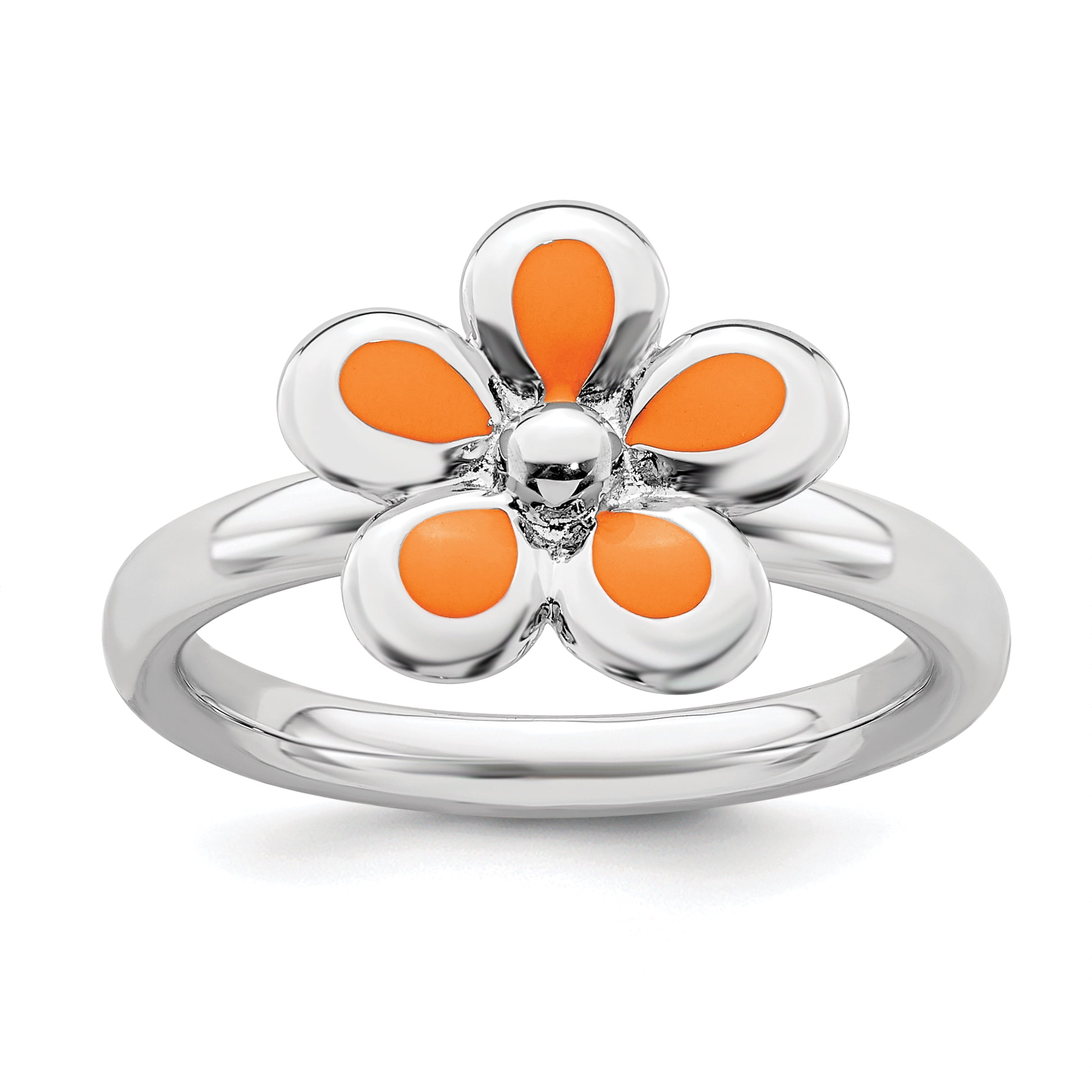 Sterling Silver Polished Orange Enameled Flower Ring - Walmart.com