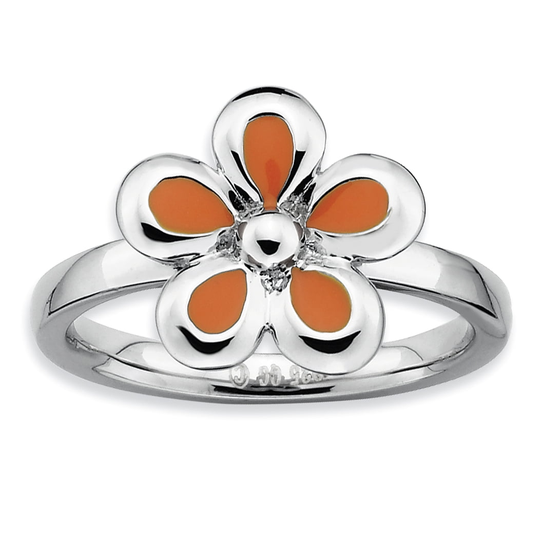 Sterling Silver Polished Orange Enameled Flower Ring - Walmart.com