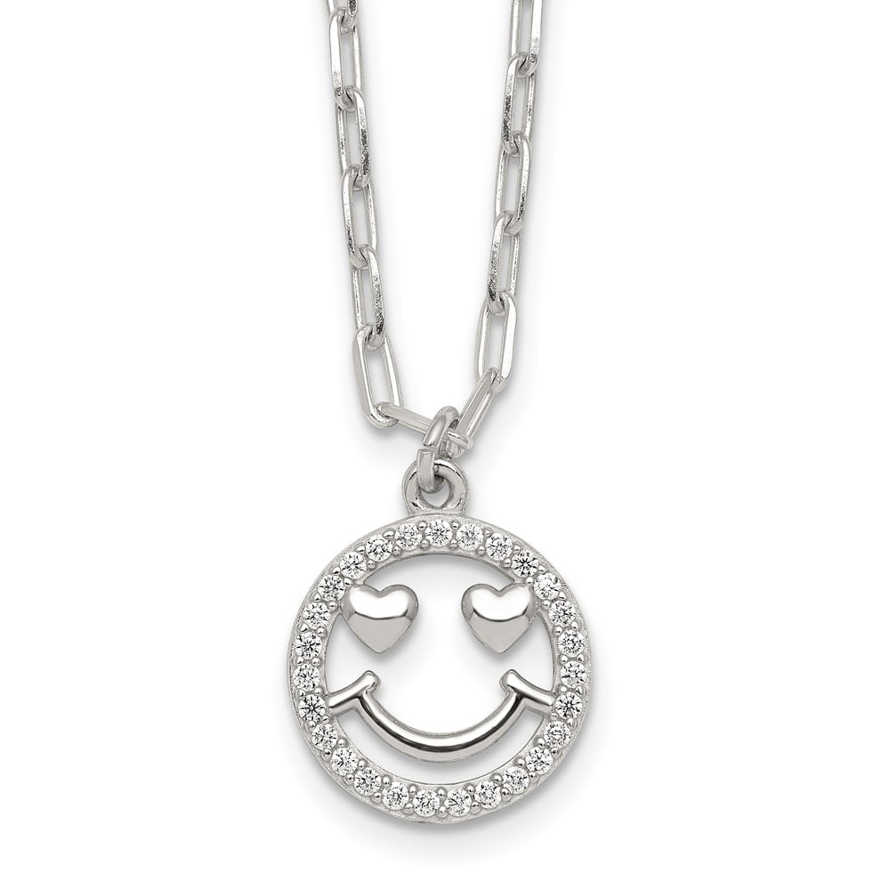 Sterling Silver Polished White CZ Smiley Face with Heart Eyes 16 inch ...
