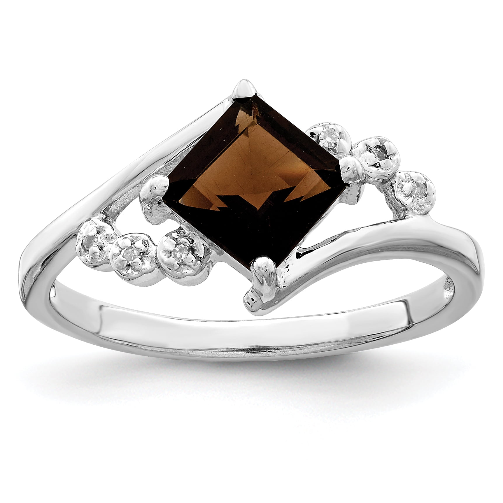 925 Sterling Silver Polished Rhodium Smokey Quartz and Diamond Ring ...