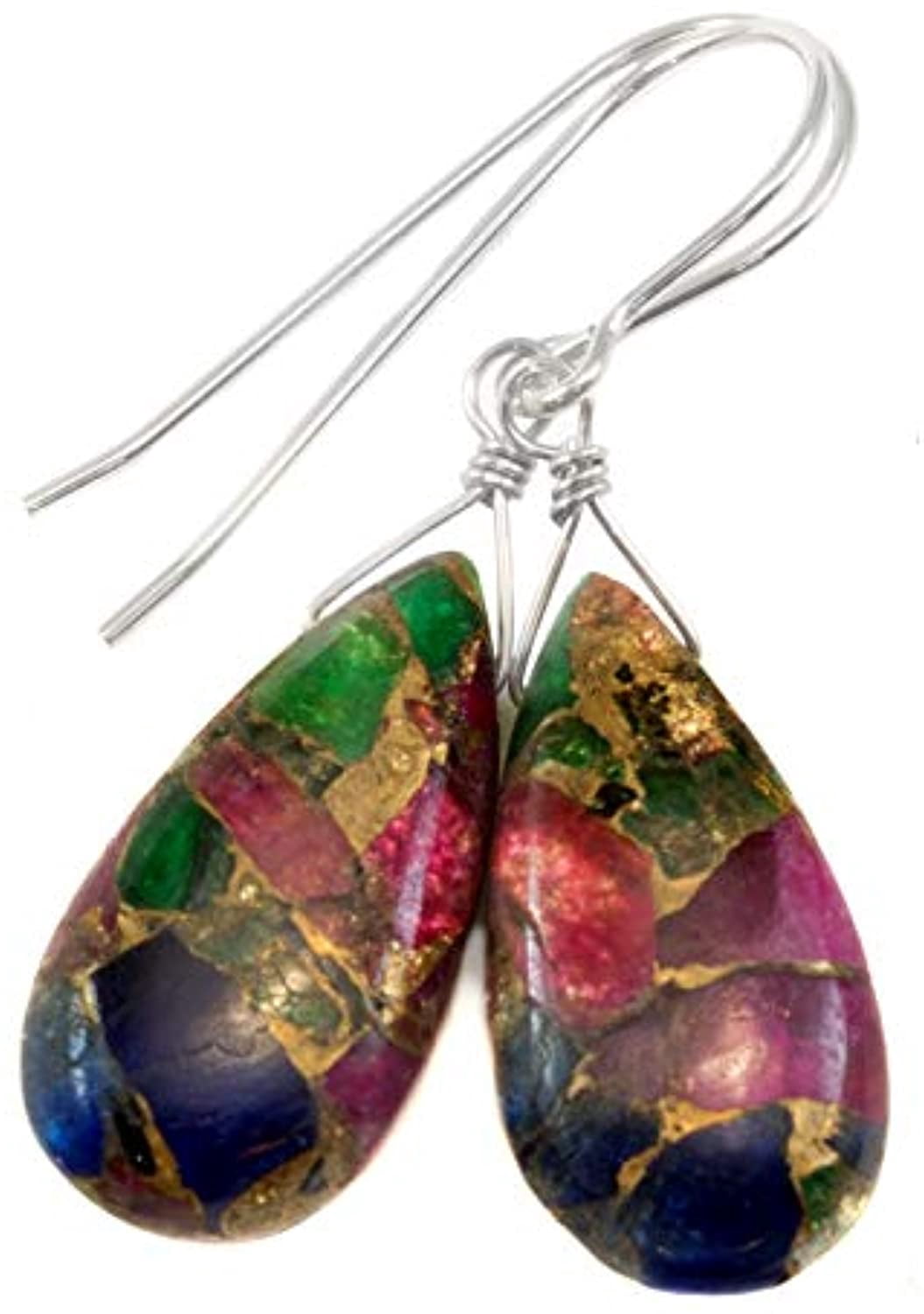 Sterling Silver Quartzite Earrings Mosaic Coppery Red Green Blue Smooth ...