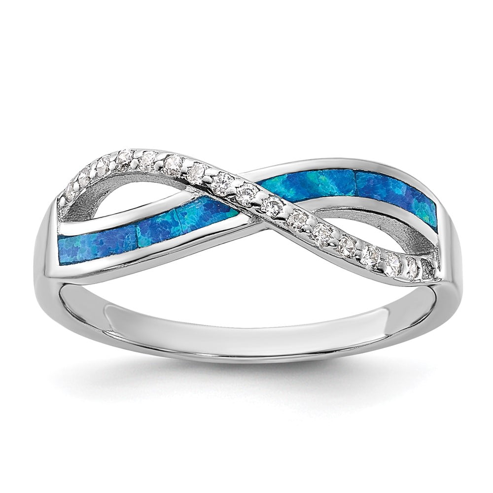 Sterling Silver RH-plated CZ and Blue Cr. Opal Inlay Infinity Symbol ...