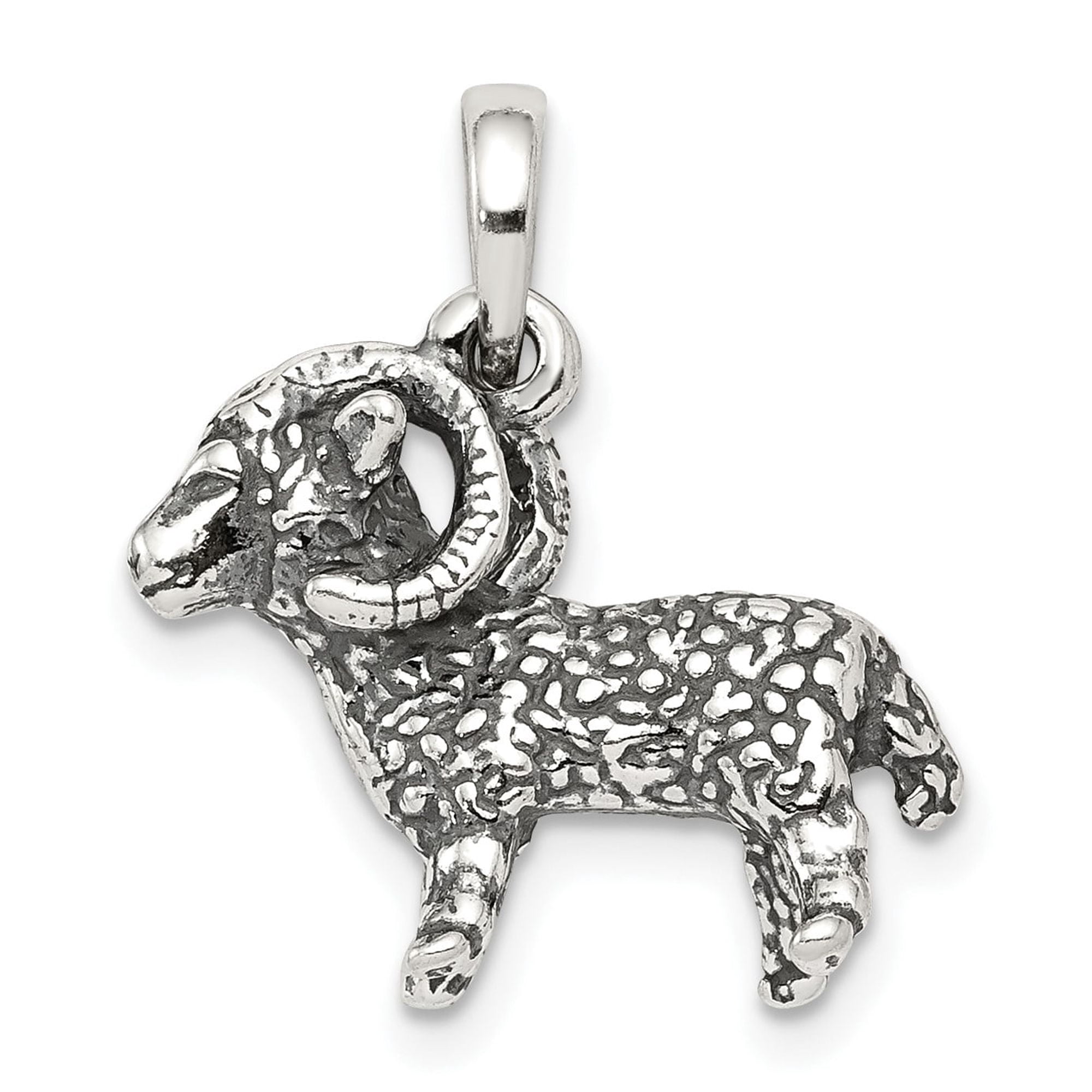 Sterling Silver Ram Pendant Necklace with Curled Horns, Textured Aries ...