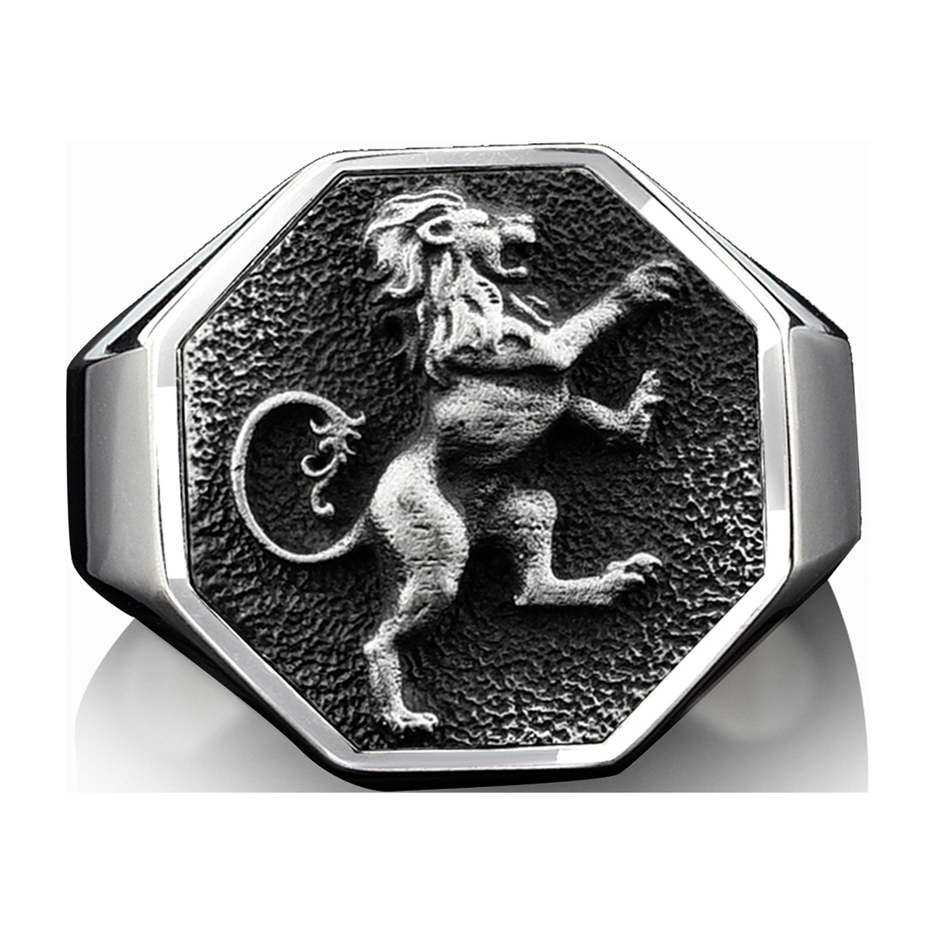 Sterling Silver Rampant Lion Signet Mens Ring, Handmade Lion Man Ring ...
