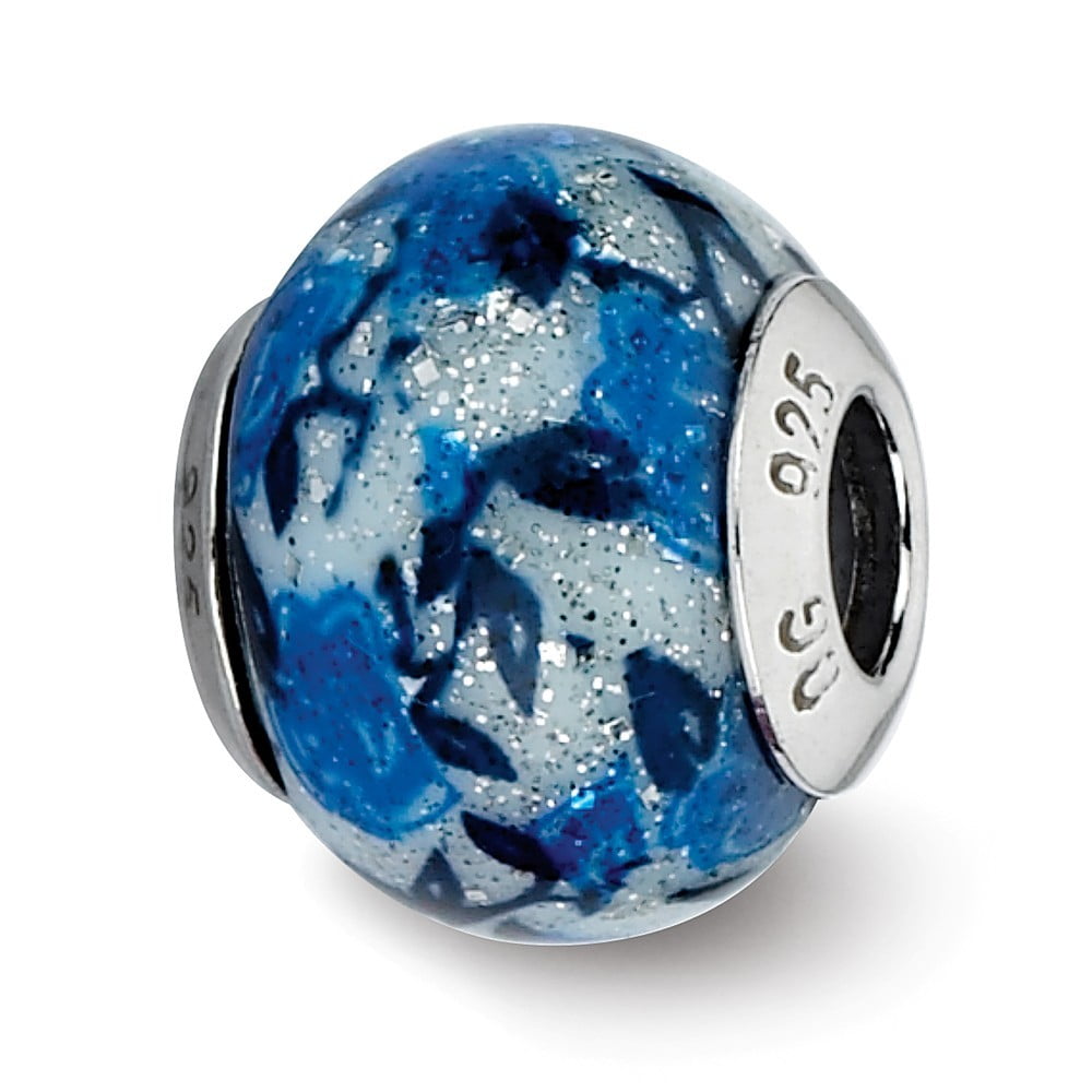 Sterling Silver Reflections Blue Rose Glitter Overlay Glass Bead Charm ...