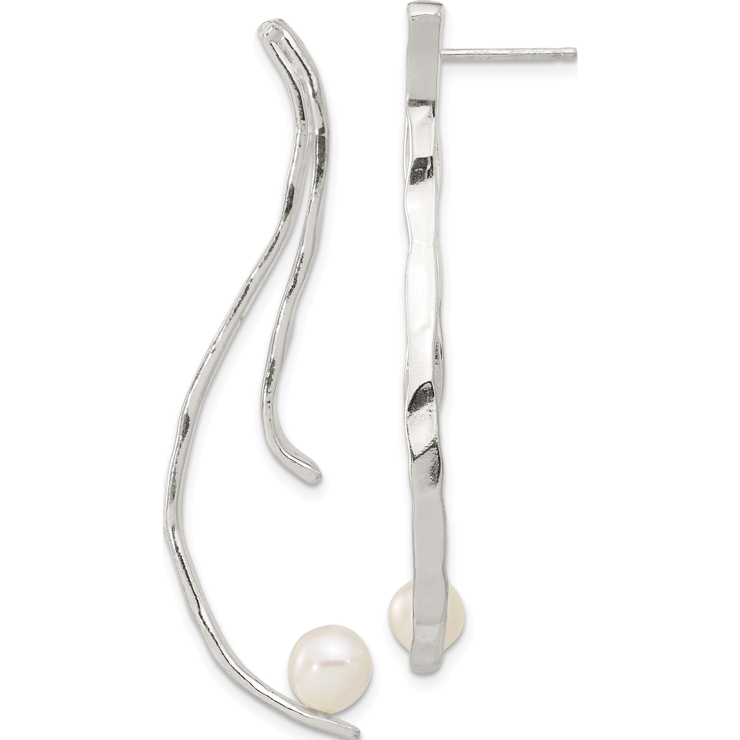 Sterling Silver Rh-Pltd Polish/Hammered Fwc Pearl Post Dangle Earrings ...