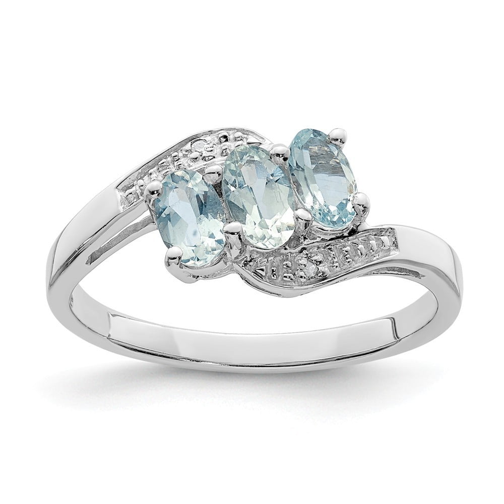 Sterling Silver Rhodium Aqua and Diamond Ring - .01 dwt .58 cwt - Size ...