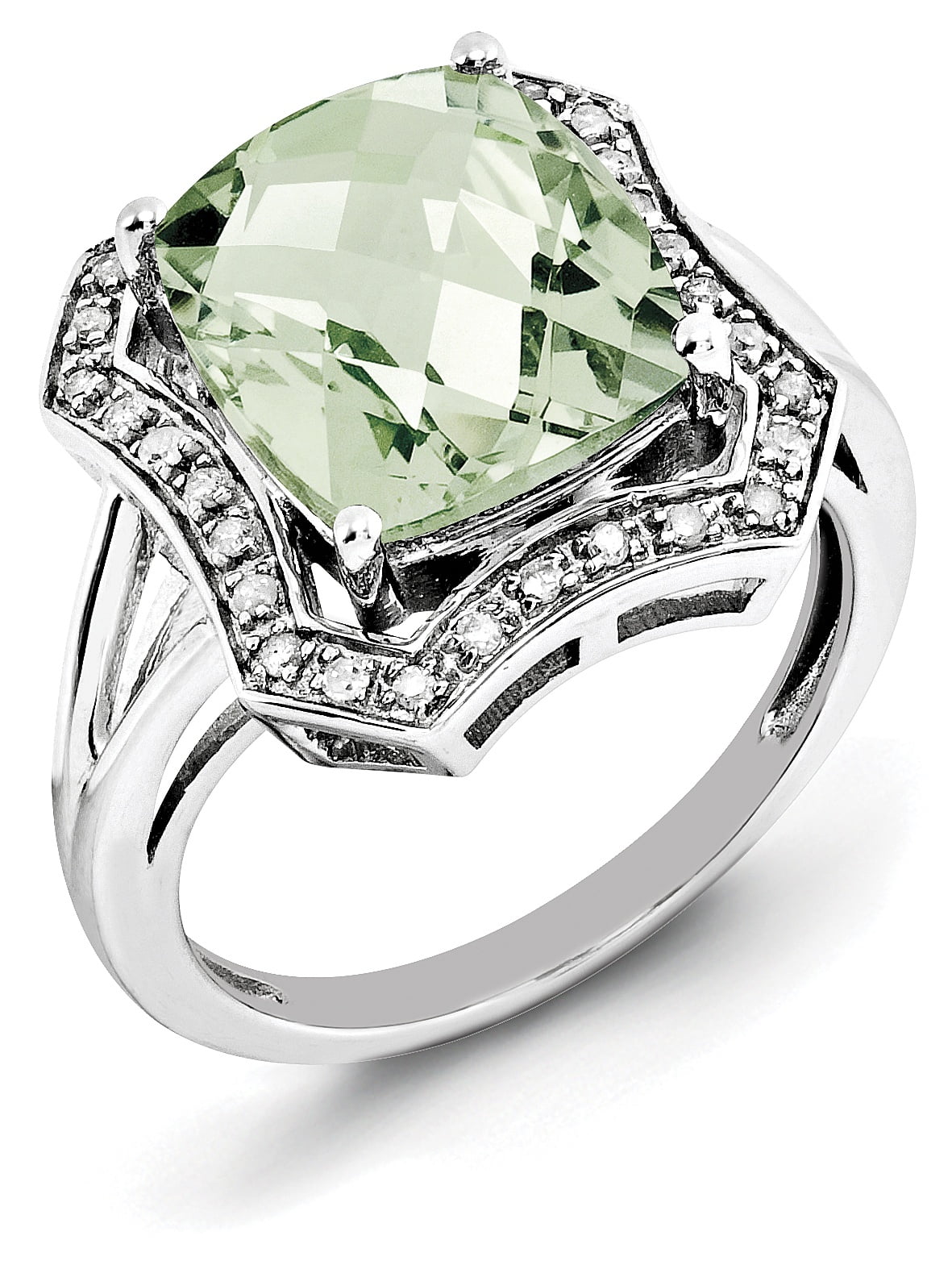 Sterling Silver Rhodium Diam. & Checker-Cut Green Quartz Ring - Walmart.com