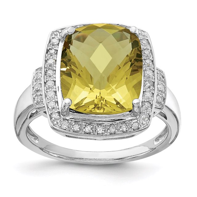 Sterling Silver Rhodium Diamond & Checker-Cut Lemon Quartz Ring ...
