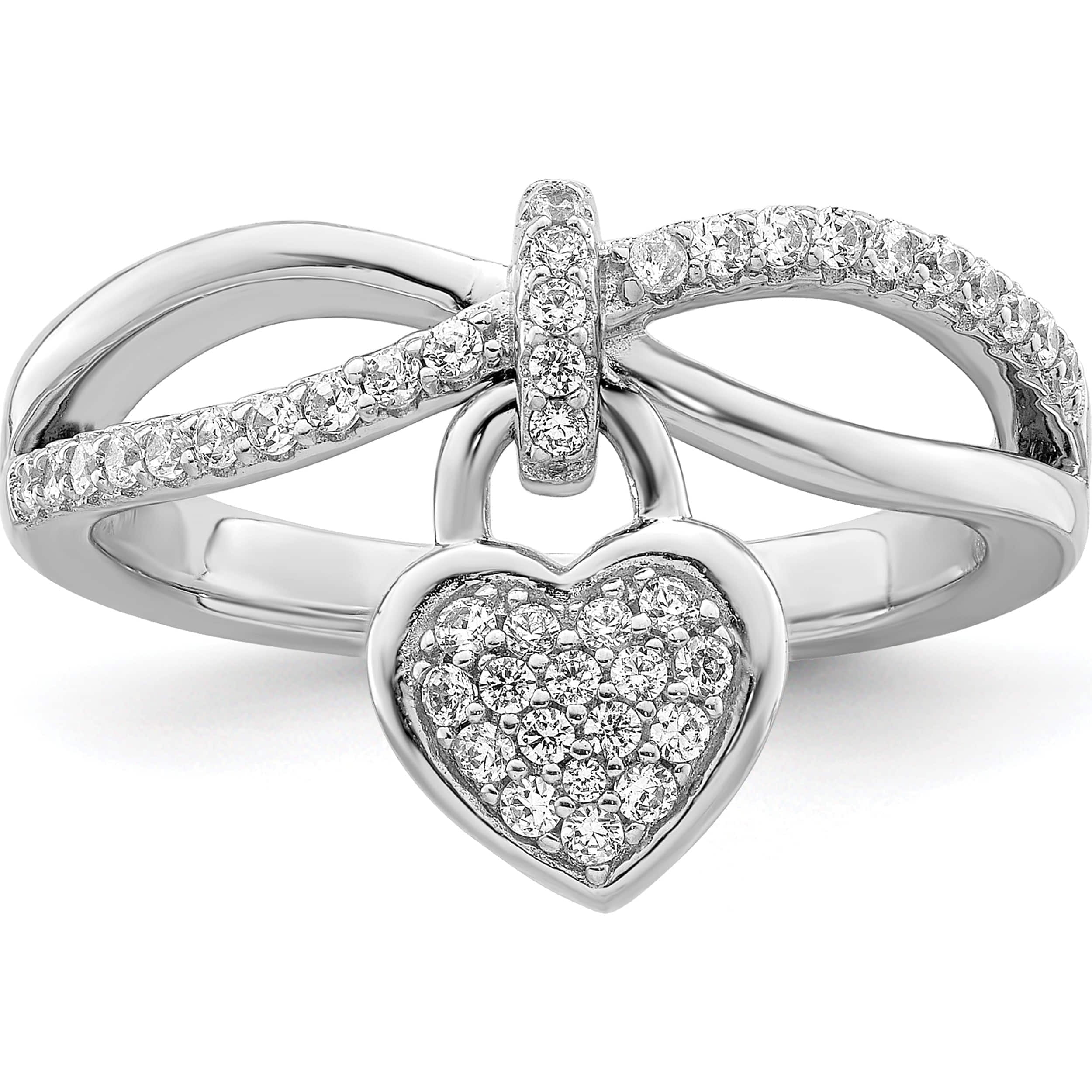 Sterling Silver Rhodium-Plated Cz Heart Dangle Ring (Size 7) Made In ...