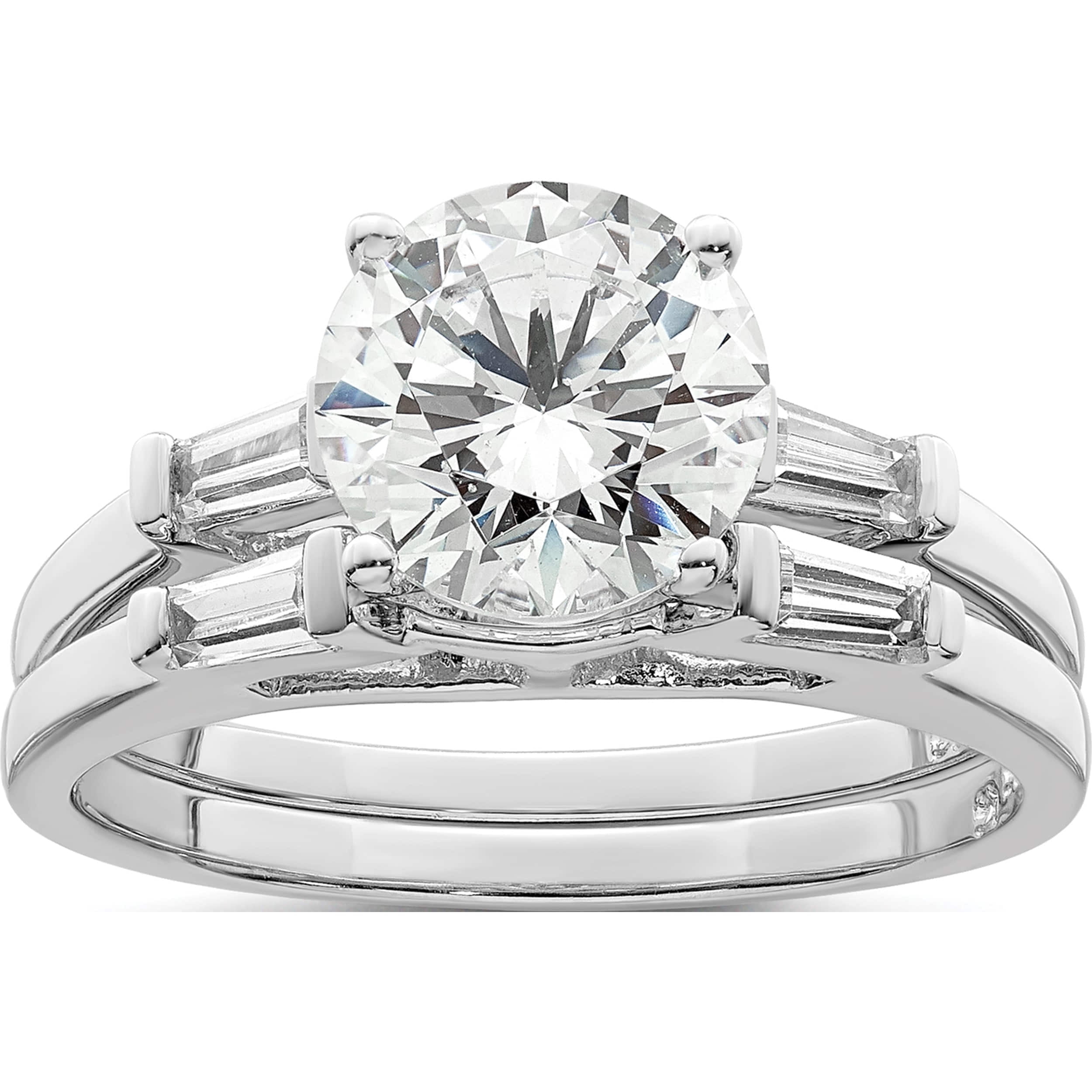 Sterling Silver Rhodium-Plated Cz Two Piece Wedding Set Rings (Size 6 ...