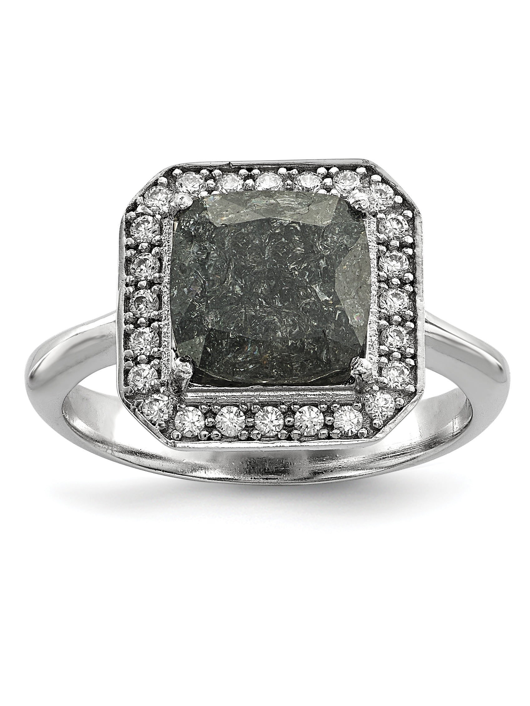 Sterling Silver Rhodium-Plated Dark Gray Ice Cz Polished Ring (Size 6 ...