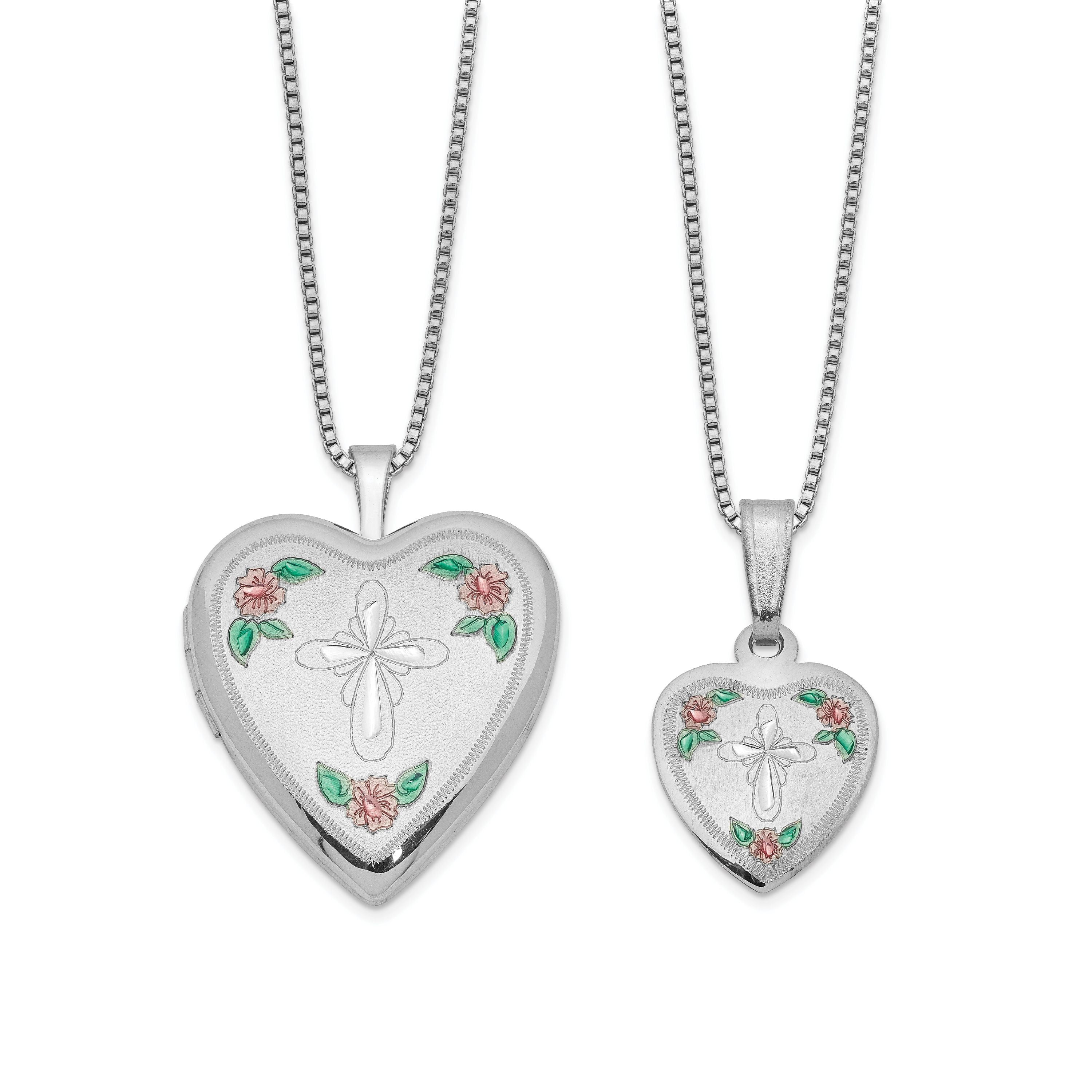 Sterling Silver Cross & Flowers Enameled Mother & 14in Daughter Locket ...