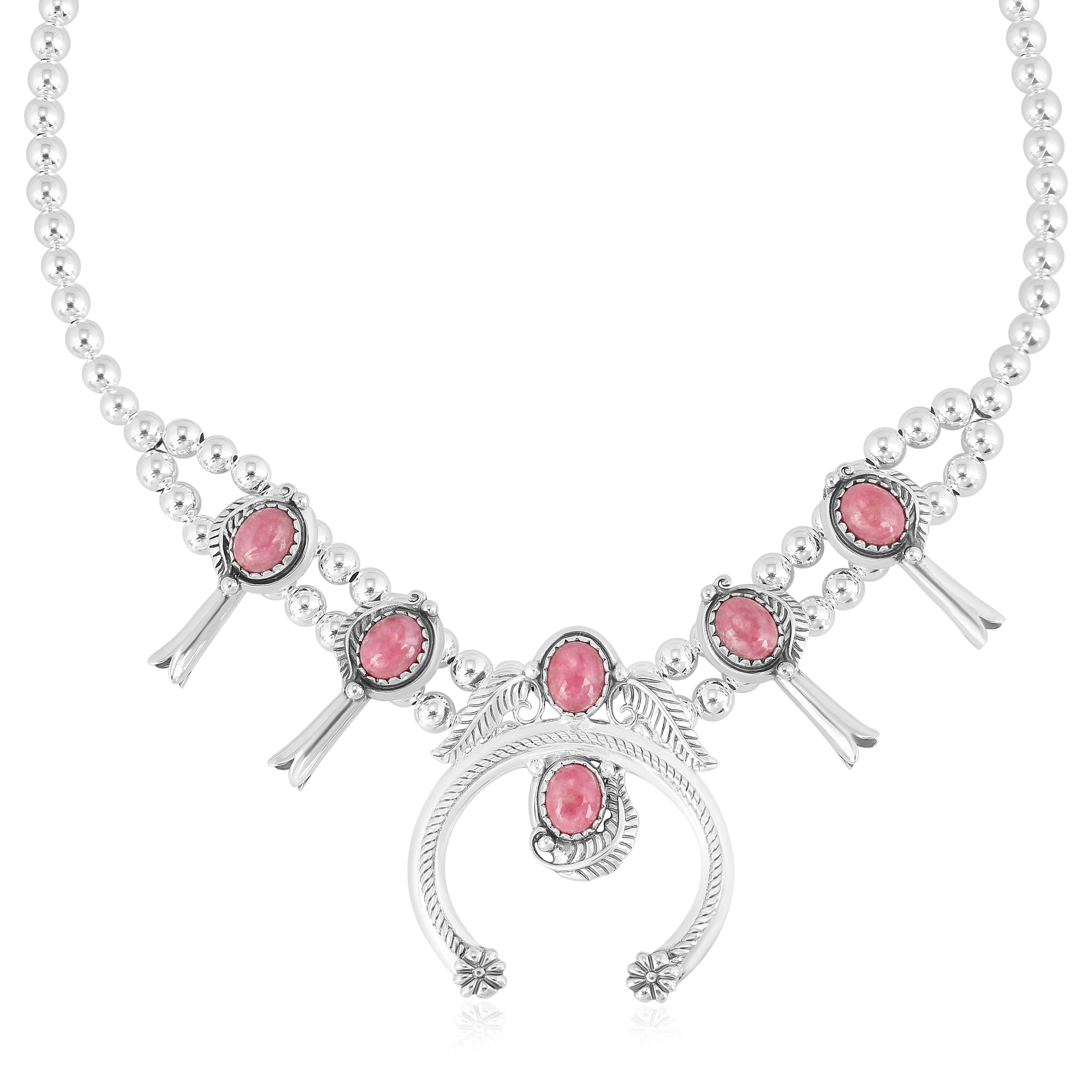 Sterling Silver Rhodonite Squash Blossom Naja Design Pendant Necklace ...