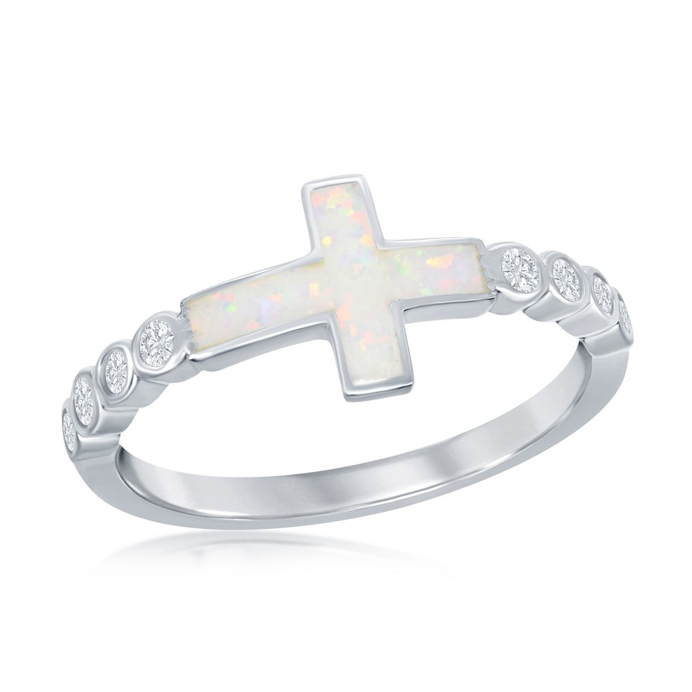 Sterling Silver / Rose Gold Plated Created White Opal Sideways Cross ...