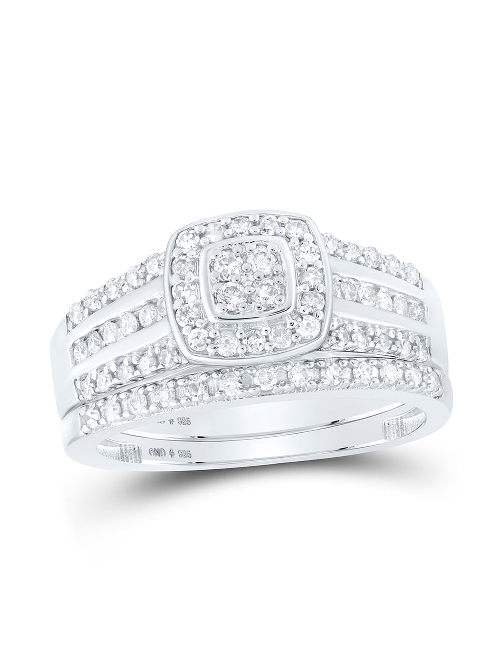 Sterling Silver Round Diamond Square Bridal Wedding Ring Band Set 1/2 ...